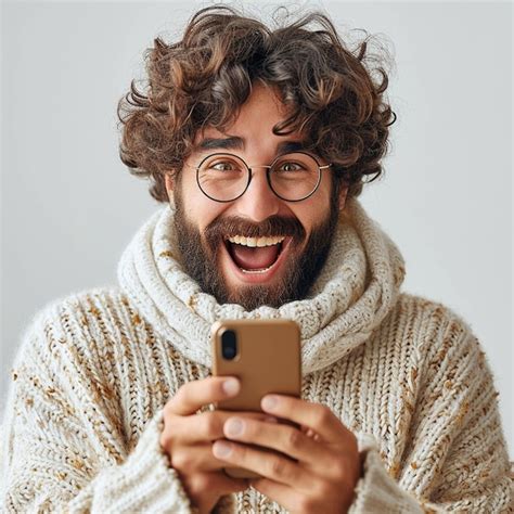 Premium Photo Man With Beard And Glasses Looking At Cell Phone