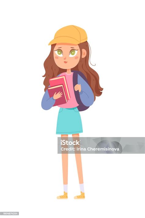 행복 한 여고생 와 책 와 와 책 와 벡터 Illustration 만화 어린 학생 여성 캐릭터는 흰색 배경에 고립되어 있습니다 학교 교육 대학 과학 연구 개념으로 돌아가기