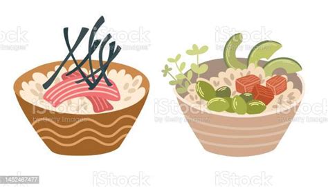 찌개 그릇 세트 아시아 음식 밥 야채 계란 고기 생선 새우 해초를 넣은 찌개 그릇 레스토랑 카페 및 인쇄 메뉴에 적합합니다 벡터 손 그리기 만화 그림입니다 포케 음식에 대한