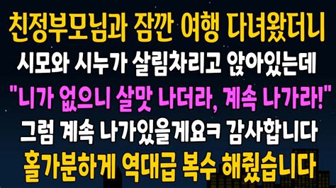 반전사연 친정부모님과 잠깐 여행 다녀왔더니 시모와 시누가 살림차리고 앉아있는데 내가 웃으며 입을열자 대반전이 벌어졌습니다 신청사연 사연라디오 사이다썰