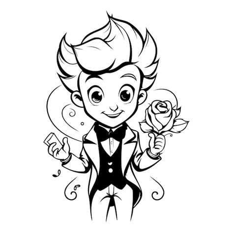 장미 꽃 을 들고 있는 소년 의 흑백 만화 일러스트레이션 프리미엄 벡터