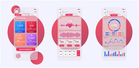 다른 Ui Ux Gui 화면 피트니스 응용 프로그램 애플 리 케이 션에 대 한 평면 웹 아이콘 피트니스 앱 Glassmorphism 스타일 심박수 모니터 온라인 분석 스포츠