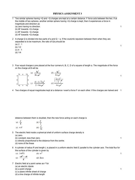 Physics Electrostatics Assignment 3 Pdf Electric Field Force