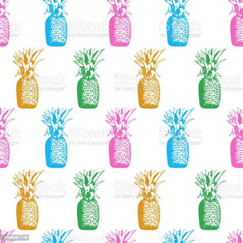 흰색 배경에 파인애플을 스케치하는 여러 가지 색상의 벡터 패턴 파인애플에 대한 스톡 벡터 아트 및 기타 이미지 파인애플 팝
