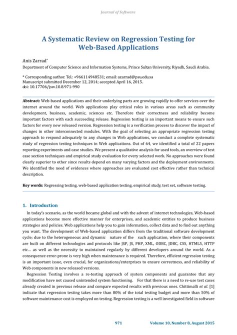 pdf a systematic review on regression testing for web based applications