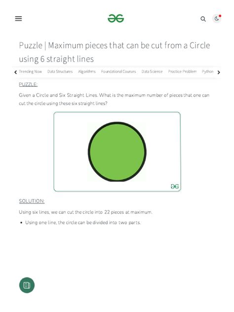 puzzle maximum pieces that can be cut from a circle using 6 straight lines geeksforgeeks pdf