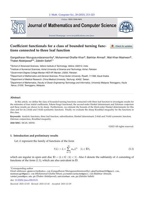 Pdf Coefficient Functionals For A Class Of Bounded Turning Func Tions Connected To Three Leaf