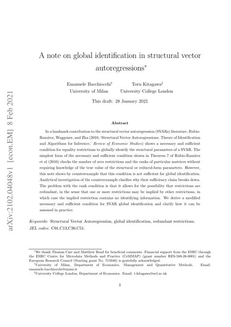 Pdf A Note On Global Identification In Structural Vector Autoregressions