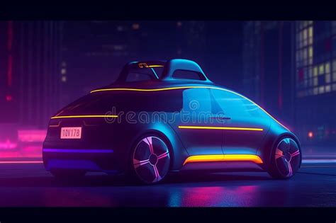 Concept Generic Automated Self Driving Taxi Design In Electric Futuristic Neon Style With Copy