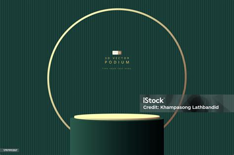 추상 럭셔리 그린 골드 3d 실린더 연단 받침대는 황금 반지 모양과 수직 배경으로 사실적입니다 모형을 위한 최소한의 벽 장면 쇼케이스를 위한 무대 3d 벡터 기하학적 플랫폼