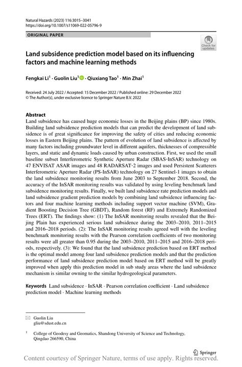land subsidence prediction model based on its influencing factors and