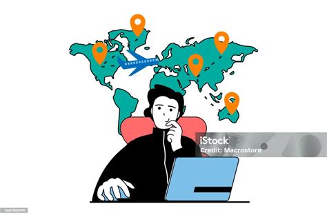 플랫 웹 디자인에서 사람들 장면이 있는 전 세계 배달 개념입니다 비행기로 소포를 보내고 지도에서 위치 경로를 추적하는 남자 소셜
