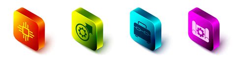 마이크로 회로 Cpu 기어 및 화살표를 워크플로우 프로세스 툴박스 및 그래프 용지 및 기어 아이콘으로 Isometric