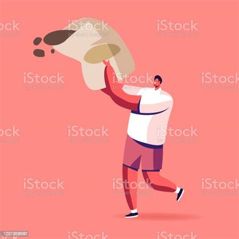 작은 남성 캐릭터는 정원 식물이나 홈 꽃과 분재 나무에 대한 비료와 거대한 자루를 수행합니다 좋은 수확 농업 원예에 대 한 토양을 수정 하는 농부 만화 벡터 일러스트레이션