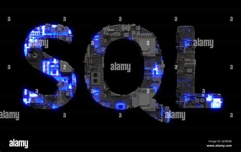 modern cybernetic text sql shining blue electric light isolated object 3d rendering stock
