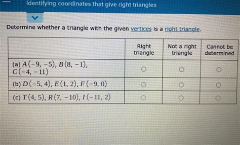 solved identifying coordinates that give right triangles de[coordinate