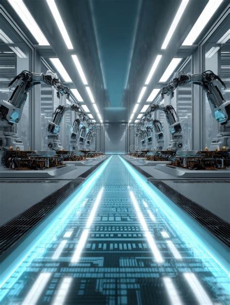 Robotics Assembly Line Showcases Automation Technology In A Futuristic Factory Setting Stock