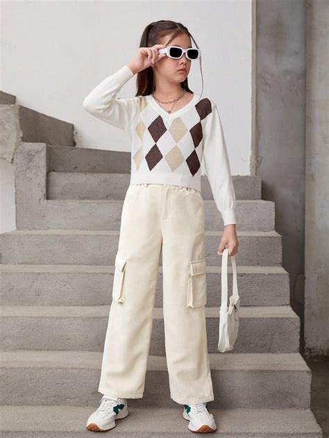Tween Girl Flap Pocket Side Side Cord Cargo Pants Shein Usa