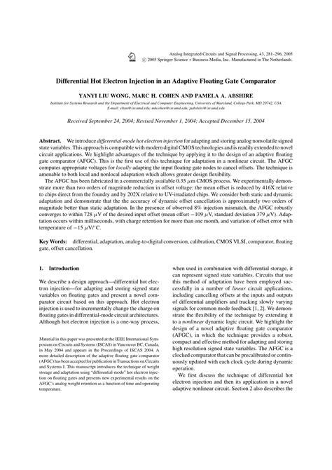 Pdf Differential Hot Electron Injection In An Adaptive Floating Gate Comparator