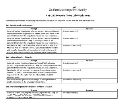 CYB 230 Module Three Lab Worksheet CYB 230 Module Three Lab Worksheet Complete This Worksheet