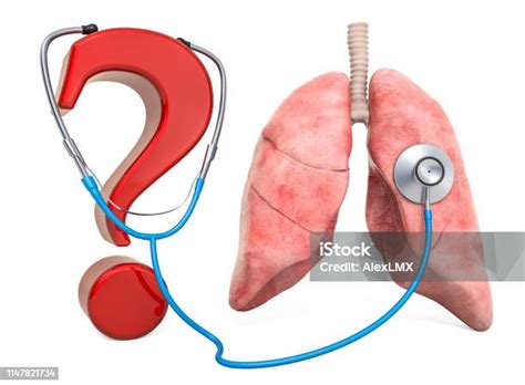 물음표와 청진 기를 가진 인간적 인 폐 진단 및 폐 간 질환의 치료 개념 흰색 배경에 고립 된 3d 렌더링 확성청진기에 대한