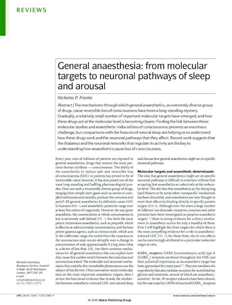 Pdf General Anaesthesia From Molecular Targets To Neuronal Pathways