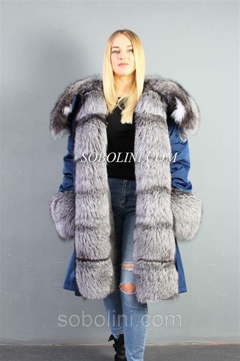 Парка з плащової тканини з хутром норвезької чорнобурки в довжині 100 см продаж ціна у Києві