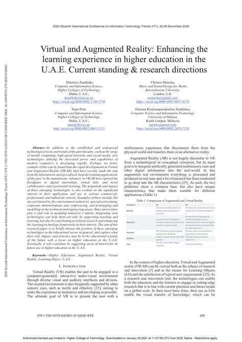 Pdf 2020 11 Virtual And Augmented Reality Enhancing The Learning Experience In Higher