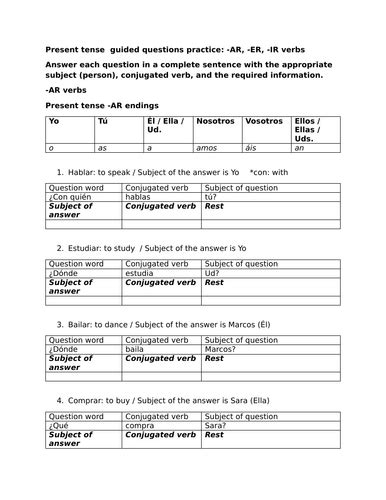 Present Tense Guided Questions Practice Ar Er Ir Verbs Teaching