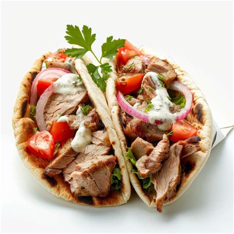 A Serving Of Greek Gyros Slices Of Seasoned Meat Wrapped In Pita Bread