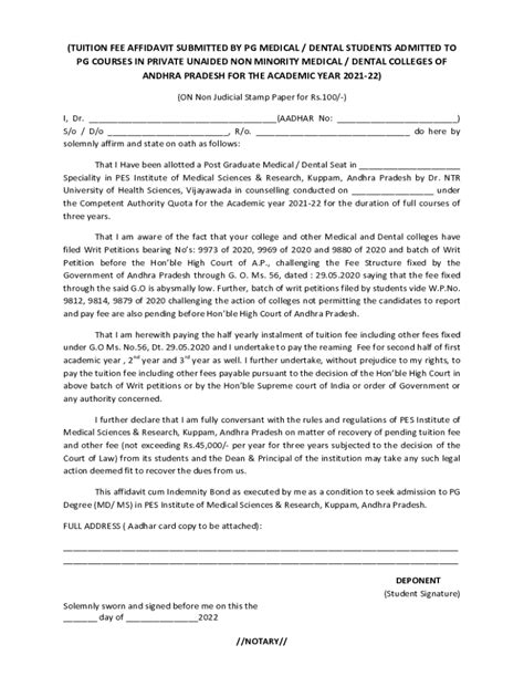 Fillable Online Tuition Fee Affidavit Submitted By Pg Dental Students