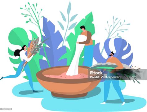 흰색 벡터 일러스트에 고립 된 천연 재료에서 천연 화장품을 만드는 녹색 유기농 식물을 가진 사람들 개념에 대한 스톡 벡터 아트 및 기타 이미지 Istock