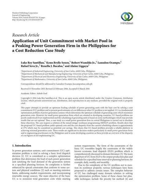 Pdf Application Of Unit Commitment With Market Pool In A Peaking Power Generation Firm In The