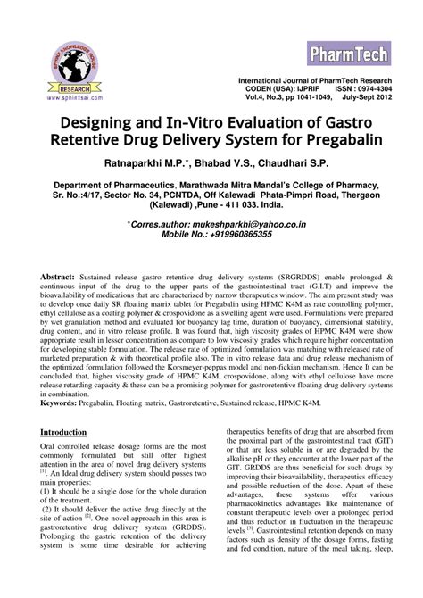 Pdf Designing And In Vitro Evaluation Of Gastro Retentive Drug Delivery System For Pregabalin