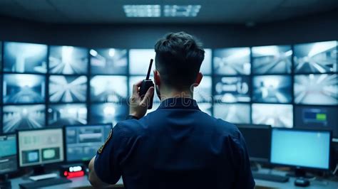 Monitoring Security Operations In A Control Room With Multiple Surveillance Screens Stock