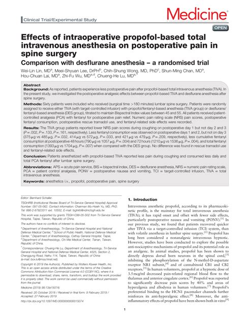 Pdf Effects Of Intraoperative Propofol Based Total Intravenous Anesthesia On Postoperative