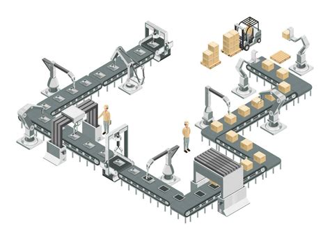 Robotic Assembly Line In An Automated Factory Conveyor System And
