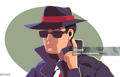 이어폰으로 도청을 듣고 있는 스파이 또는 형사 모자 코트 선글라스를 쓴 수상한 비밀 요원 남자 정보 개인 정보 보호 위반 간첩 플랫 벡터 일러스트 레이 션 엿듣기에 대한