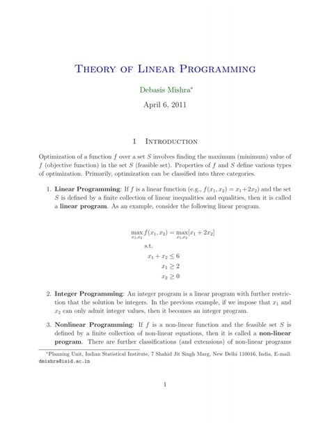 Theory Of Linear Programming Indian Statistical Institute
