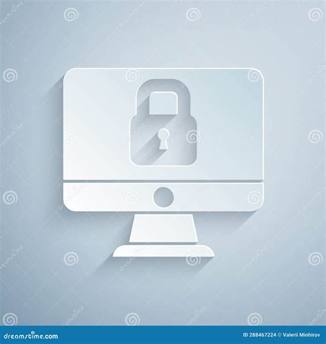 Paper Cut Lock On Computer Monitor Screen Icon Isolated On Grey