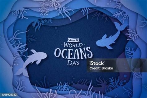 세계 바다의 날의 종이 예술 개념 바다 파도 물고기 및 식물의 블루 3d 종이 접기 공예 종이 0명에 대한 스톡 벡터 아트 및 기타 이미지 Istock