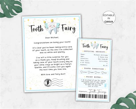 Tooth Fairy Receipt Letter Printable Toothfairy Certificate Editable