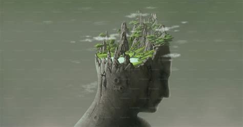 머리에 환상 자연 풍경 자유 삶 마음 영혼 꿈 및 환경 개념을 가진 초현실적 인 깨진 인간 조각품 상상력 작품 그림 그림 사진 Unsplash의 예술 이미지