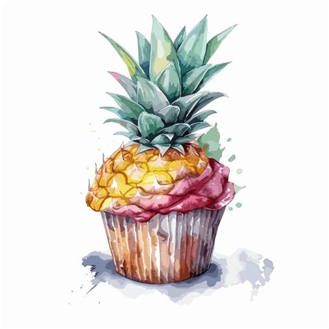 수채화 컵케이크 손으로 그린 그림 화이트 파인애플 컵케이크 프리미엄 벡터