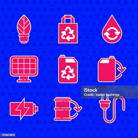 에코 연료 캐니스터 배럴 전기 플러그 배터리 태양 에너지 패널 깨끗한 아쿠아 및 전구를 잎 아이콘으로 재활용합니다 벡터 가솔린에 대한 스톡 벡터 아트 및 기타 이미지