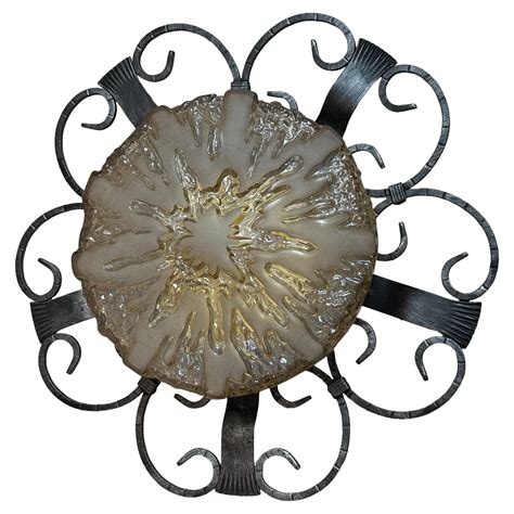 Wrought Iron And Glass Flush Mount Ceiling Light 1960s German For Sale