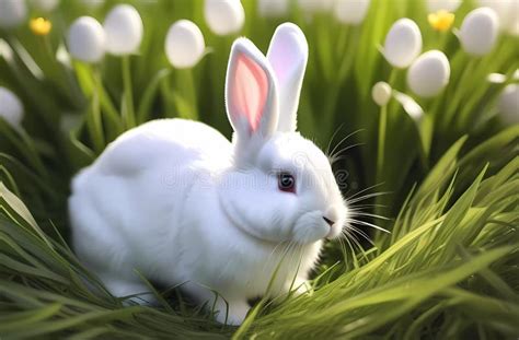 White Rabbit In The Grass And Flowers Generative Ai Stock Image