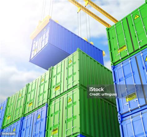 물류 수입 수출 사업을 위한 산업 컨테이너 마당 3d 일러스트 화물 컨테이너에 대한 스톡 사진 및 기타 이미지 화물 컨테이너 녹색 열다 Istock