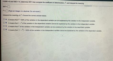 Solved Y Ssr 6 And Sse 14 Determine Sst Then Compute The