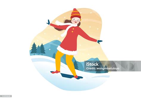 스노우 보드 손으로 그린 만화 겨울 복장에있는 사람들의 플랫 일러스트 레이 션 눈 덮인 산 옆이나 슬로프에서 스노우 보드로 슬라이딩하고 점프 겨울에 대한 스톡 벡터 아트 및